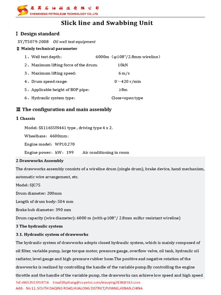 Slickline & Swabbing Unit Specs | PDF | Pump | Valve