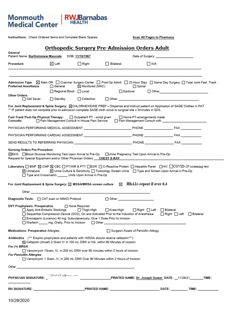 Pre Admission Orders 11-29-2021 | PDF | Surgery | Clinical Medicine