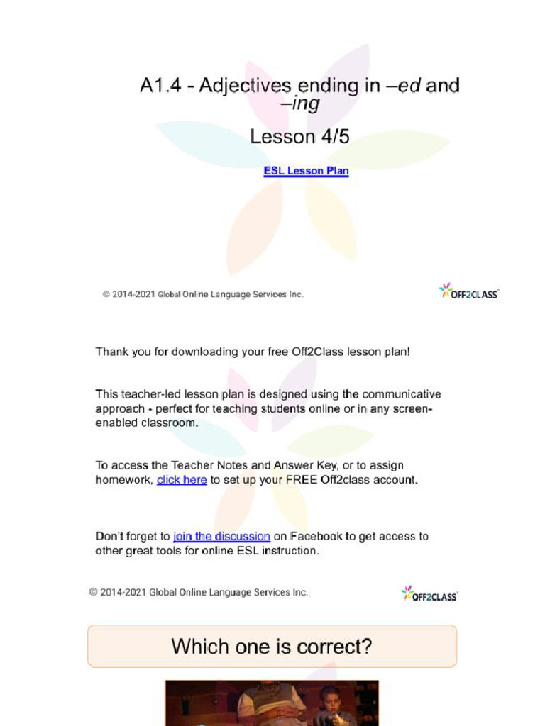 Free Esl Lesson Download Adjectives Ending in Ed A CLT Communicative Language Teaching Resources ...