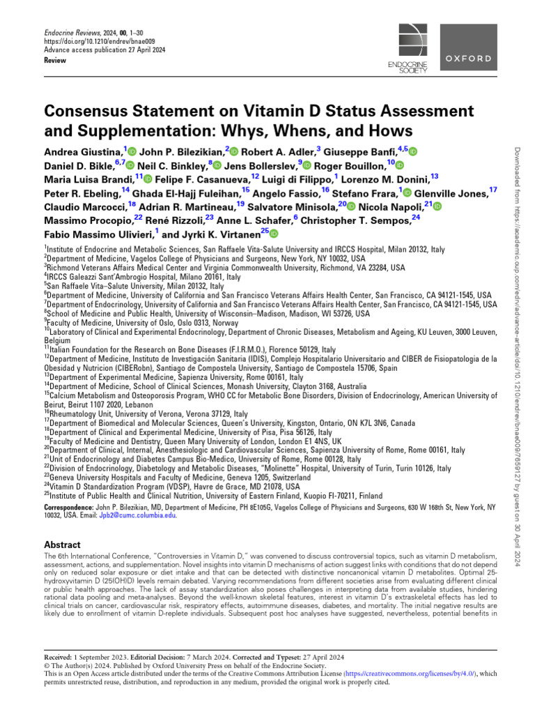 Consensus Statement On Vitamin D Status Assessment and Supplementation ... Consensus Statement On Vitamin D Status Assessment and Supplementation ...