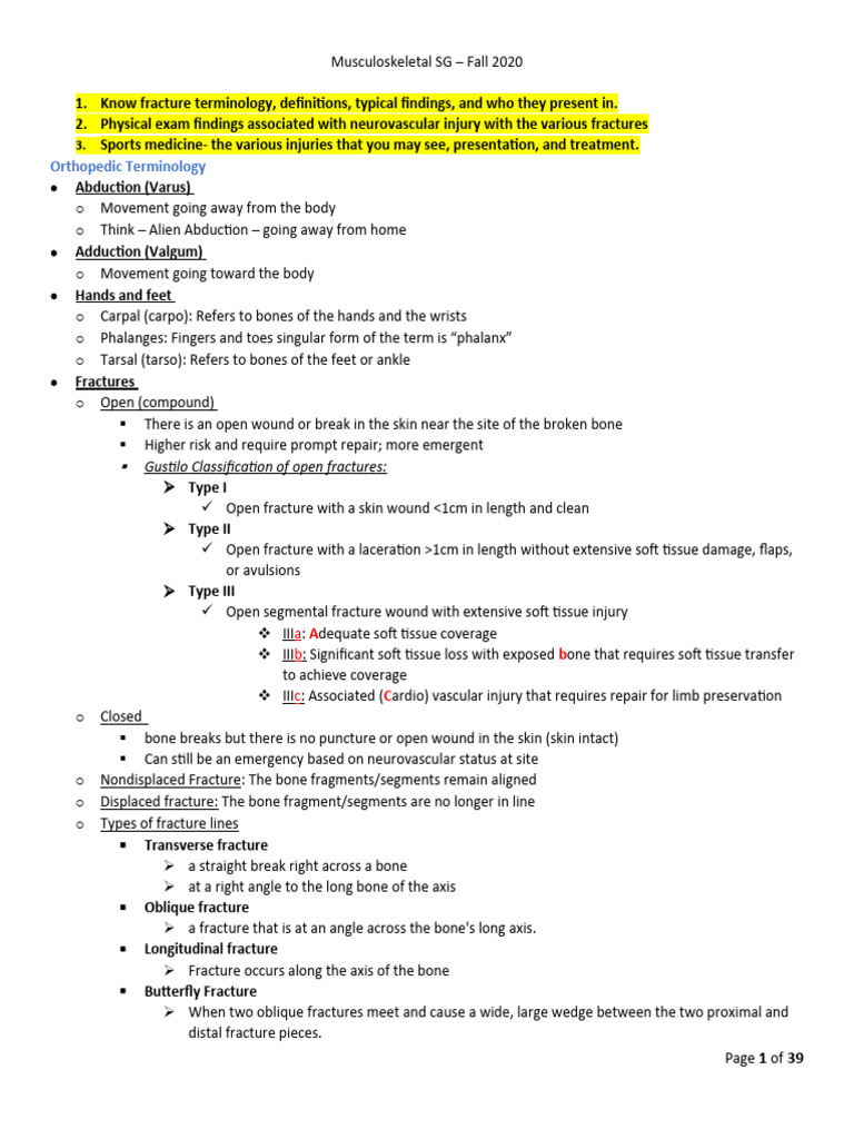 Musculoskeletal Study Guide - Fall 2020 | PDF | Elbow | Knee