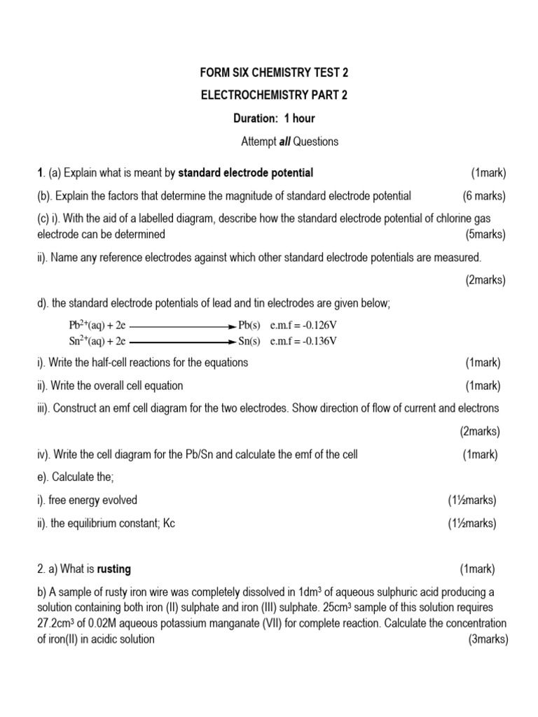 Form Six Chemistry: Electrochemistry Test | PDF | Electrochemistry ...