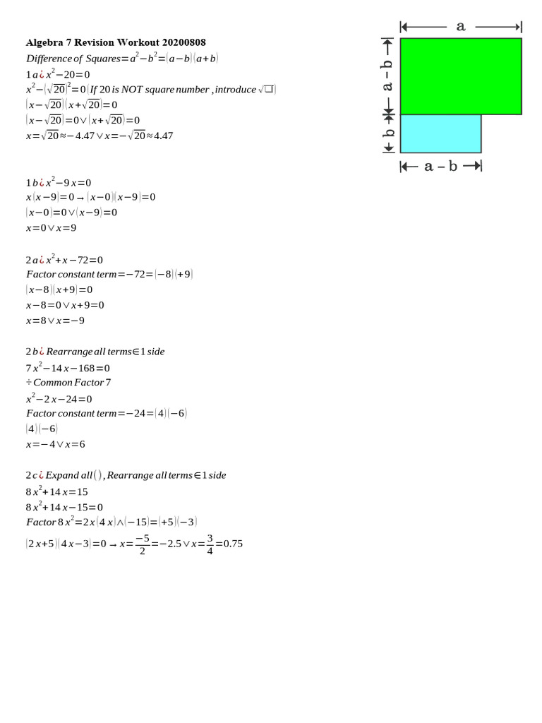 Algebra 7 Solve Quadratic Eqautions Revision | PDF | Quadratic Equation ...