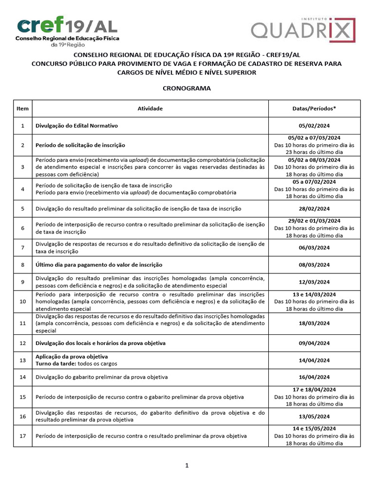 CREF-19-AL Concurso Publico 2024 Cronograma | PDF