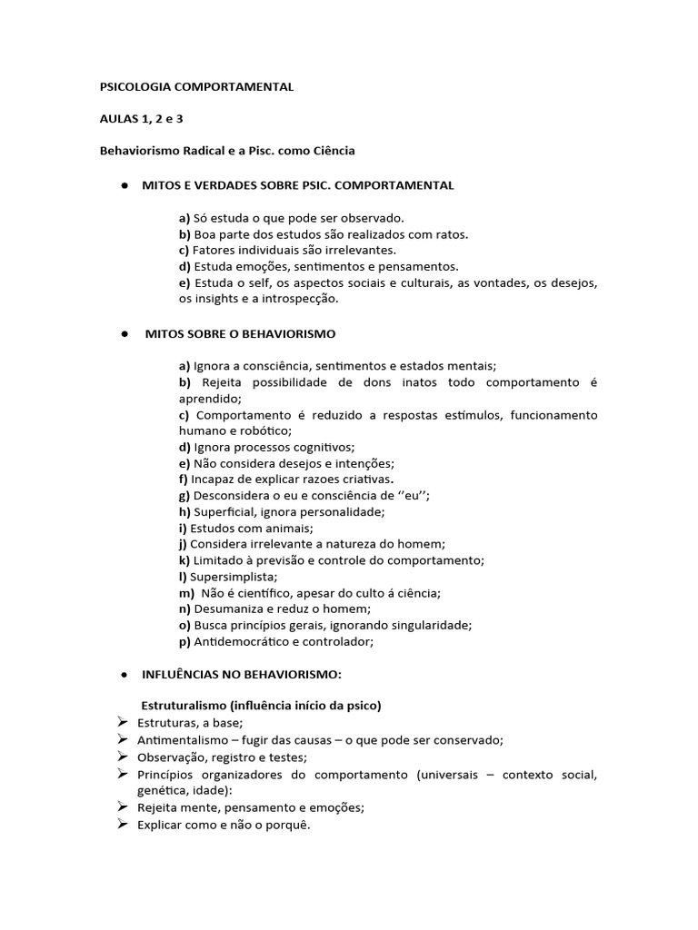 Slides Prova 21-09 | PDF | Behaviorismo | Comportamento