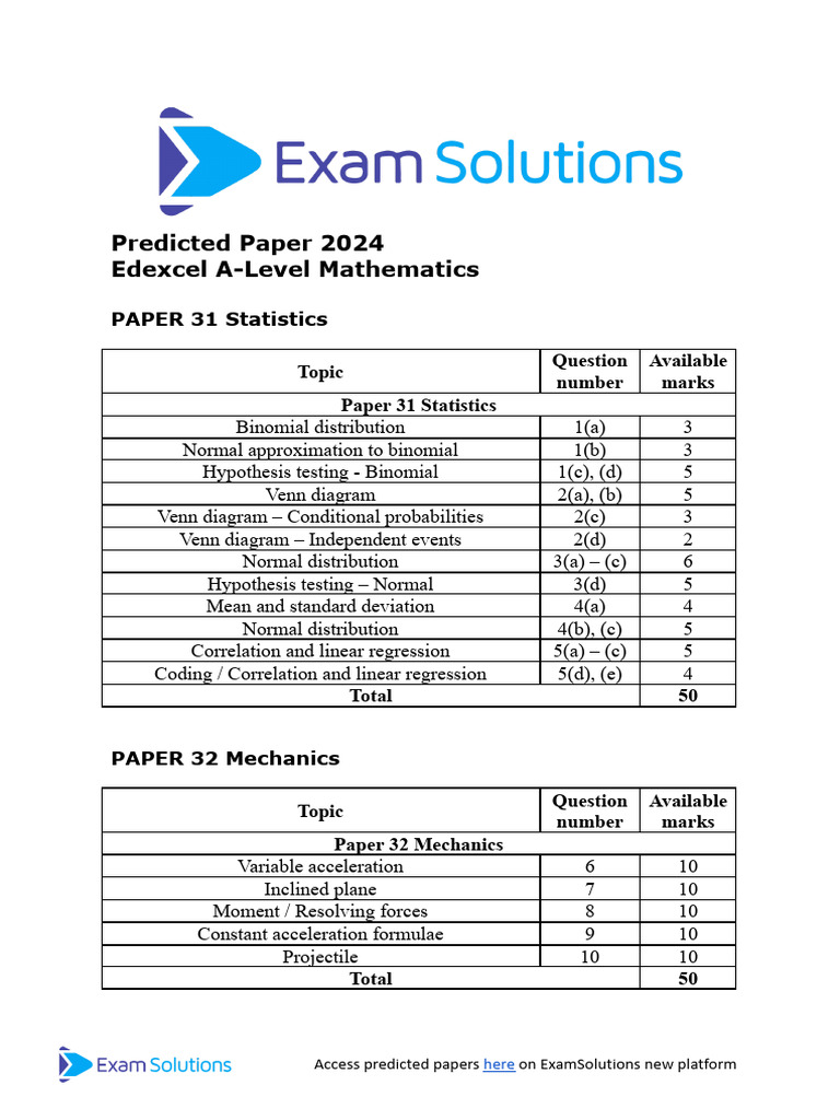 Edexcel A-Level Maths Paper 3 Predictions | PDF