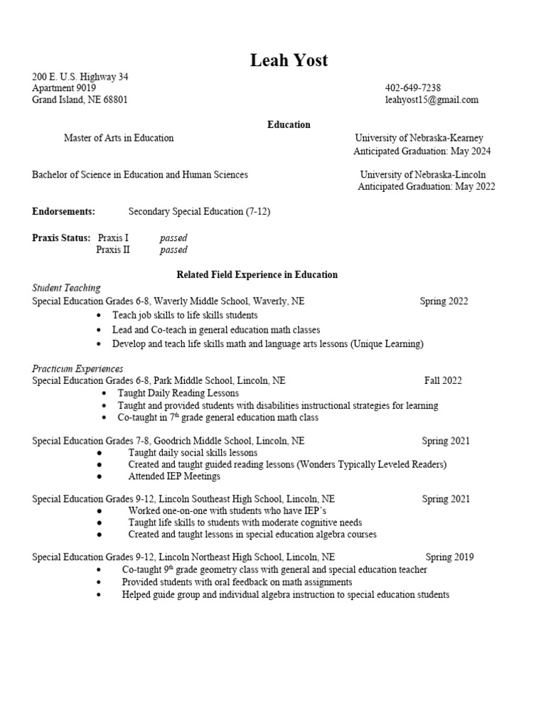 Leah Yost Resume-Final Draft | PDF | Special Education | Middle Schools