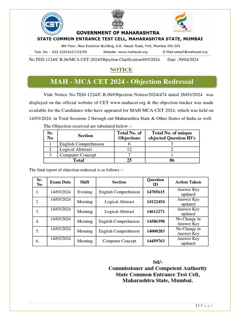Notice For Objection Clarification - MCA CET 2024 | PDF