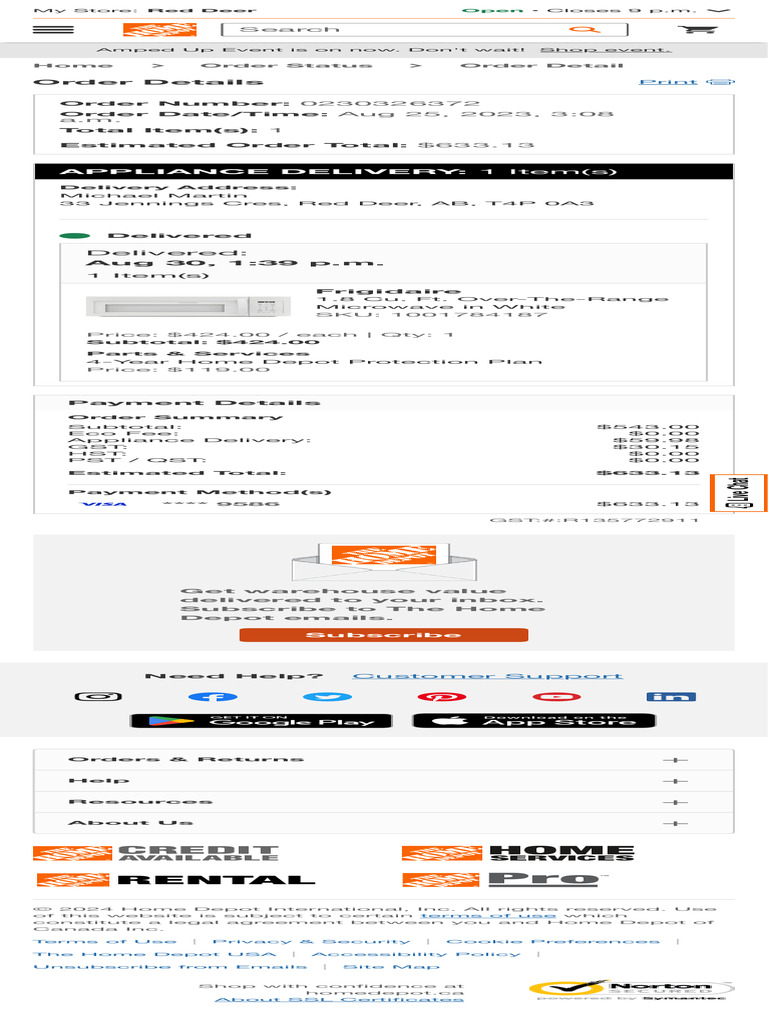 Home Depot Order Summary for Microwave | PDF