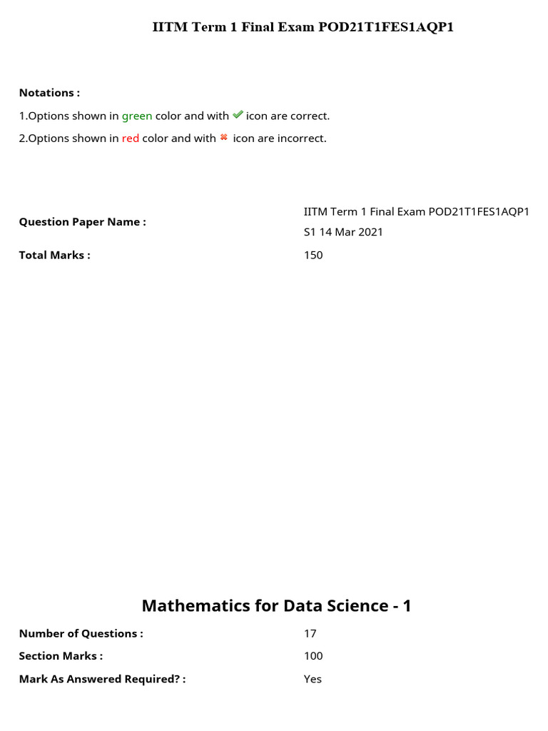 IITM Term 1 Maths Final Exam QP1 | PDF | Question | Multiple Choice