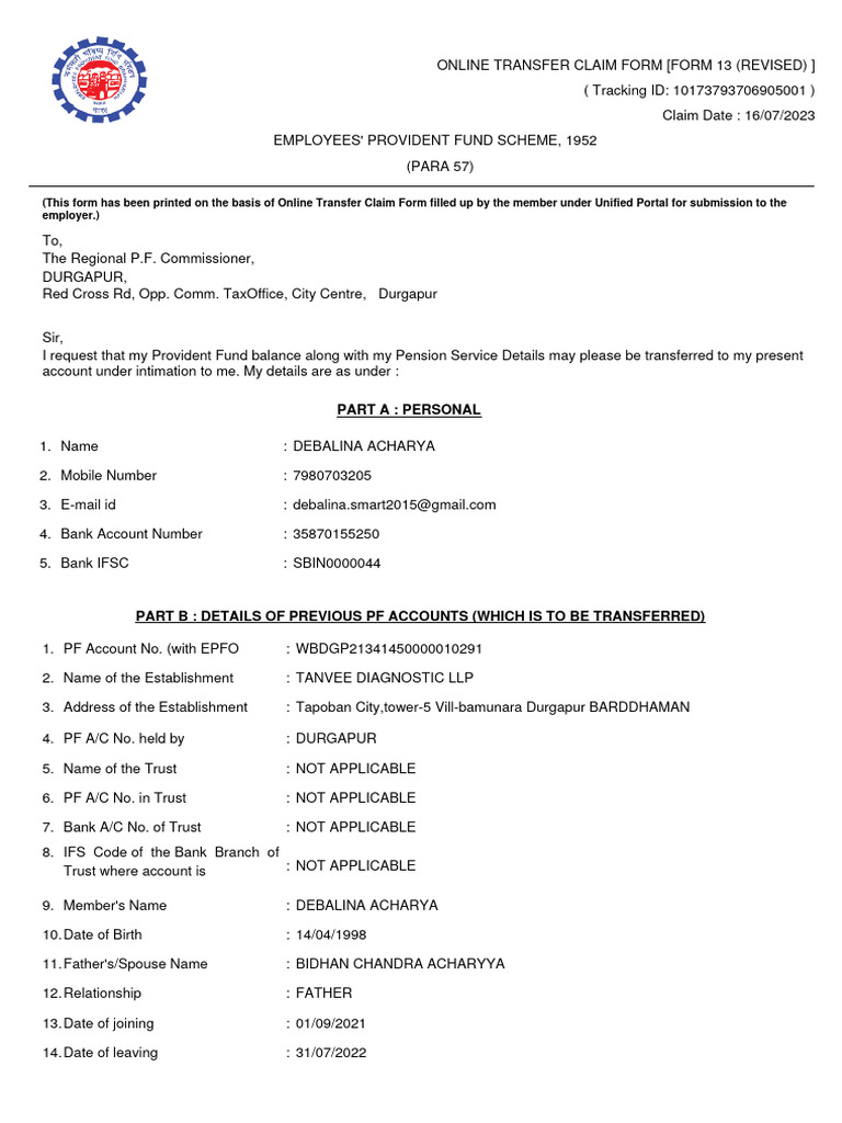 Online PF Transfer Claim Form | PDF | Employee Relations | Retirement