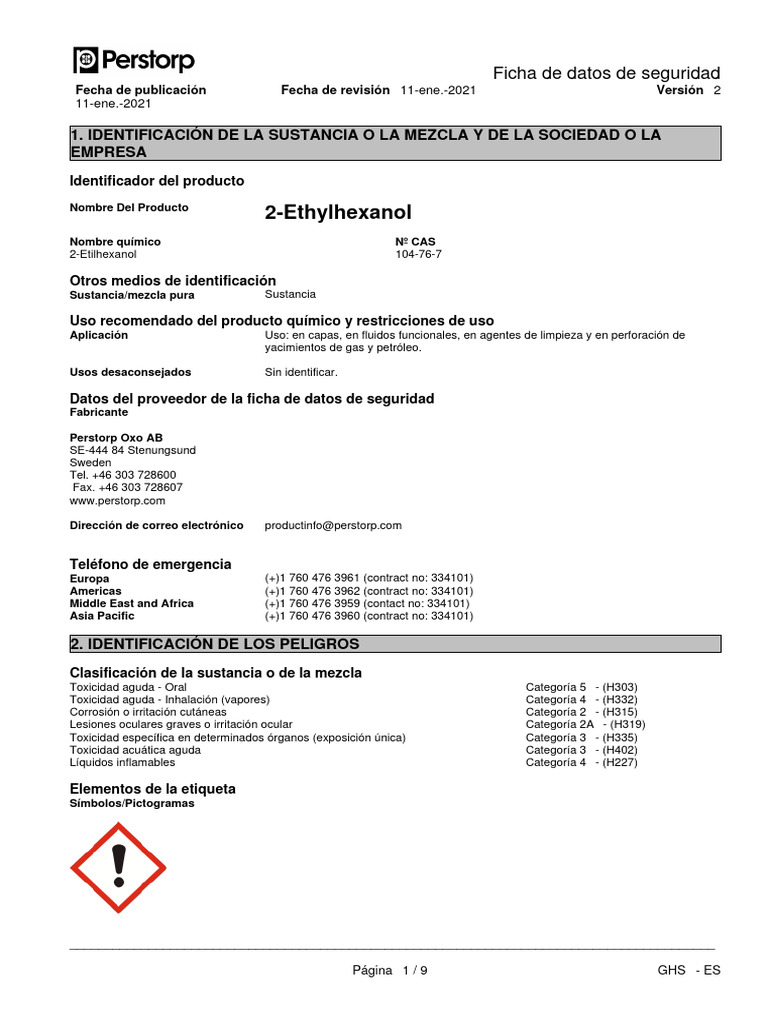 MSDS 2-Ethylhexanol Spaus-12212 | PDF | Agua