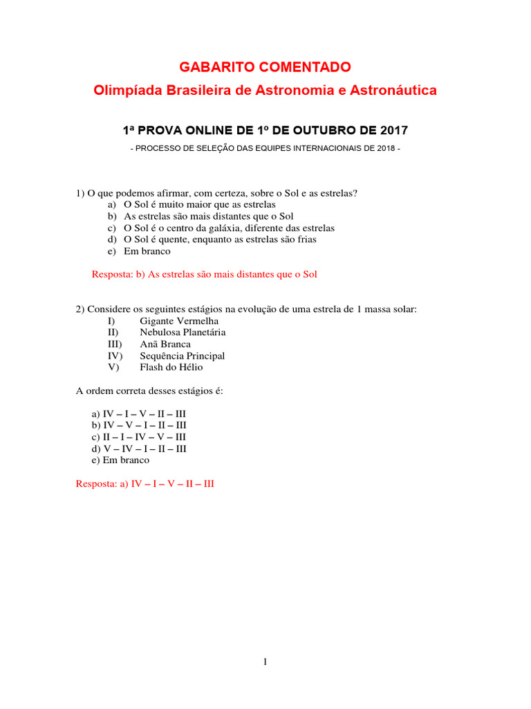 Seletivas Oba Online 1 2018 Teorica Gabarito | PDF | Estrelas | Sol