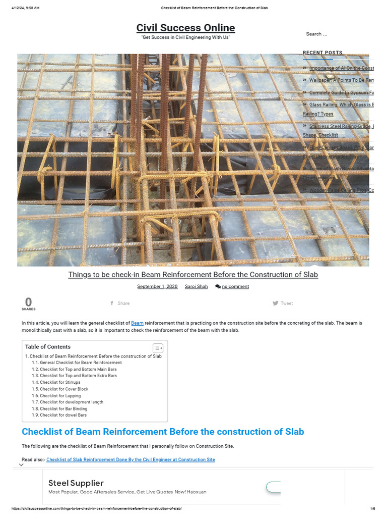 Checklist of Beam Reinforcement Before The Construction of Slab | PDF ...