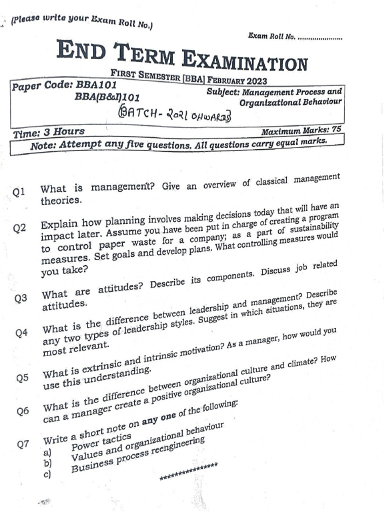 MPOB BBA 101 Previous Year External Question Papers | PDF