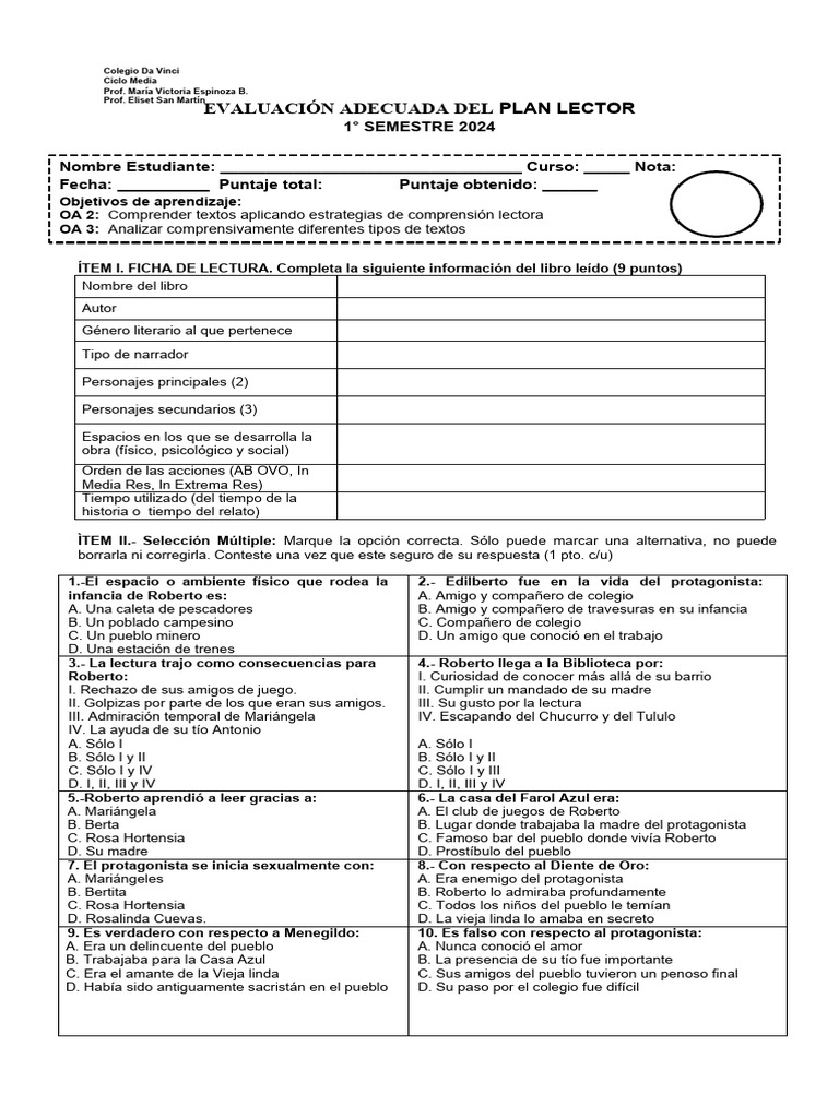 Evaluación Plan Lector 2024 | PDF | Aprendizaje