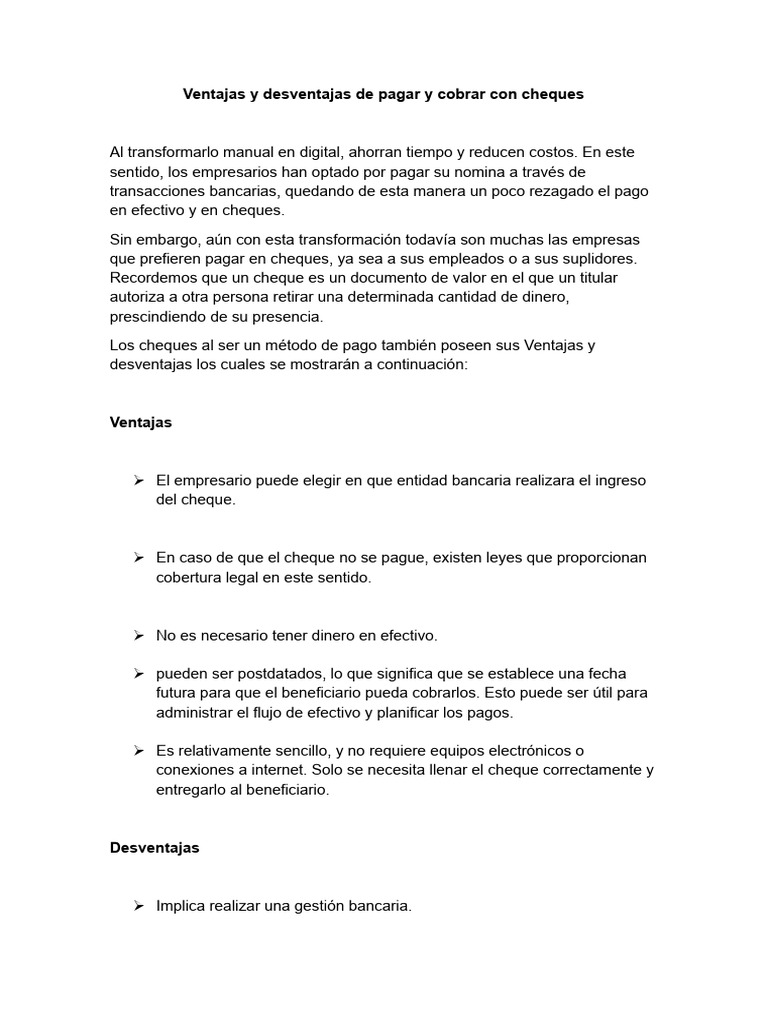 Ventajas y Desventajas Del Cheque. | PDF