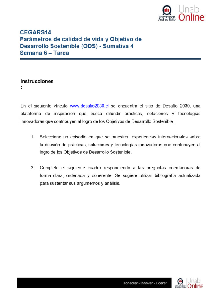 Parámetros de Calidad de Vida y Objetivo de Desarrollo Sostenible (ODS) - Sumativa 4 Semana 6 ...