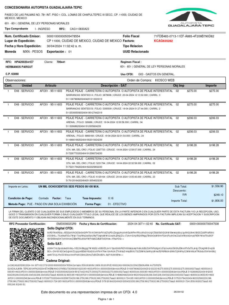 Factura Peaje Autopista GDL-TEPIC | PDF | Carretera de acceso ...