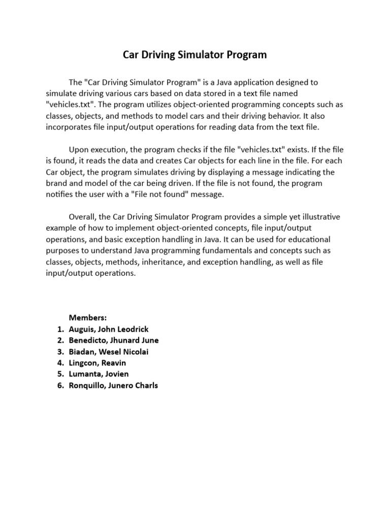 Car Driving Simulator Program | PDF | Programming | Computer Program