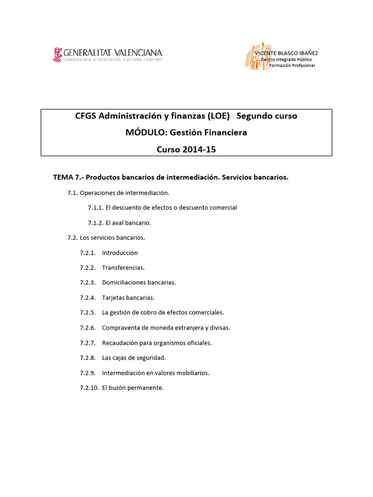 GF Tema 7 P. Intermediación y Servicios Bancarios | PDF | Bancos | Moneda