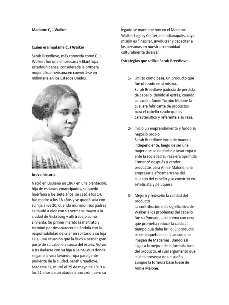 Madame C.J. Walker: Pionera Empresarial | PDF