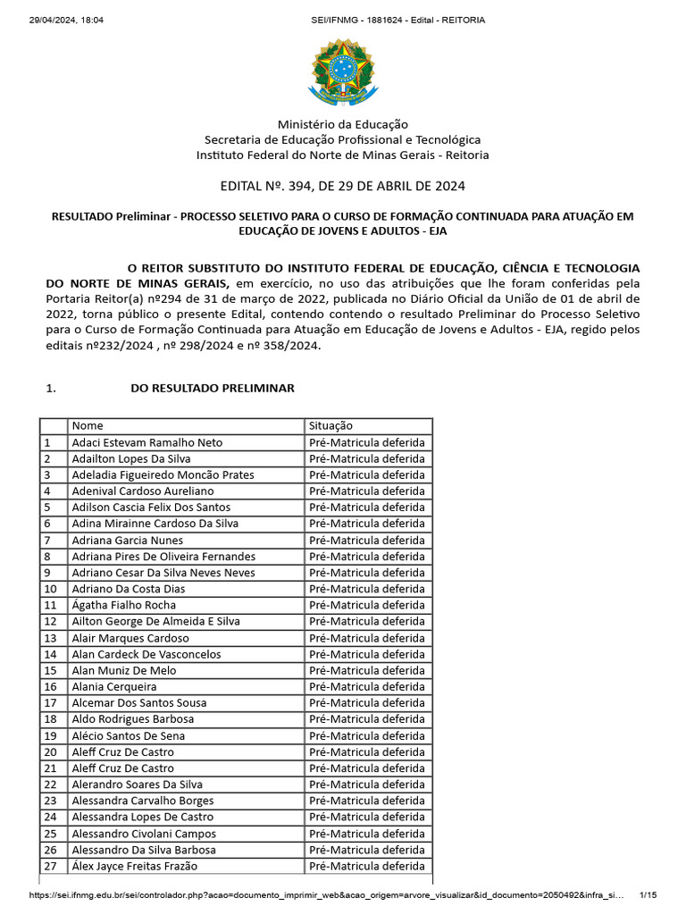 Resultado Preliminar EJA | PDF | Estágios educacionais