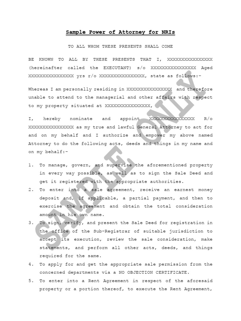 NRI General Power of Attorney Sample | PDF | Deed | Property