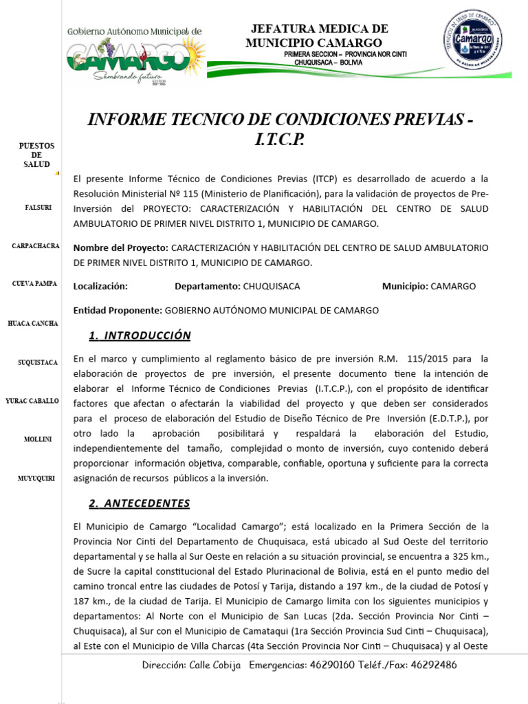 Itcp Establecimiento de Salud de 1er Nivel | PDF | Ciencias de la Tierra