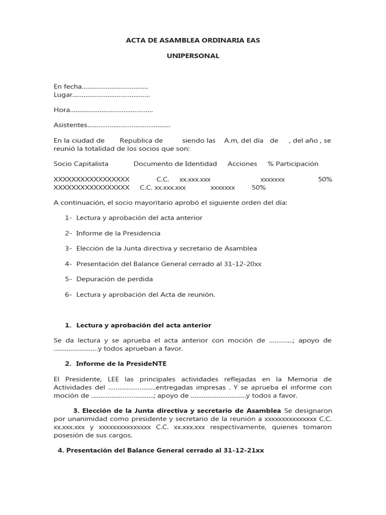 Acta de Asamblea Ordinaria UNIPERSONAL EAS | PDF | Dividendo