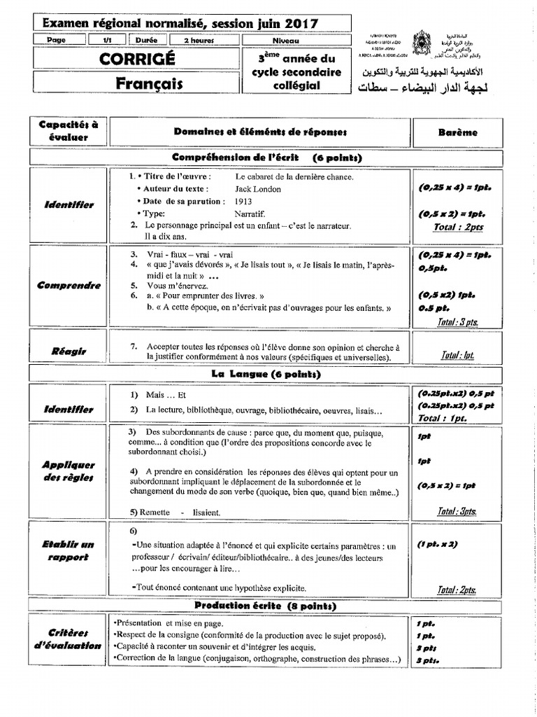 Examen Regional 3ac en Francais Casablanca Settat 2017 Corrige | PDF