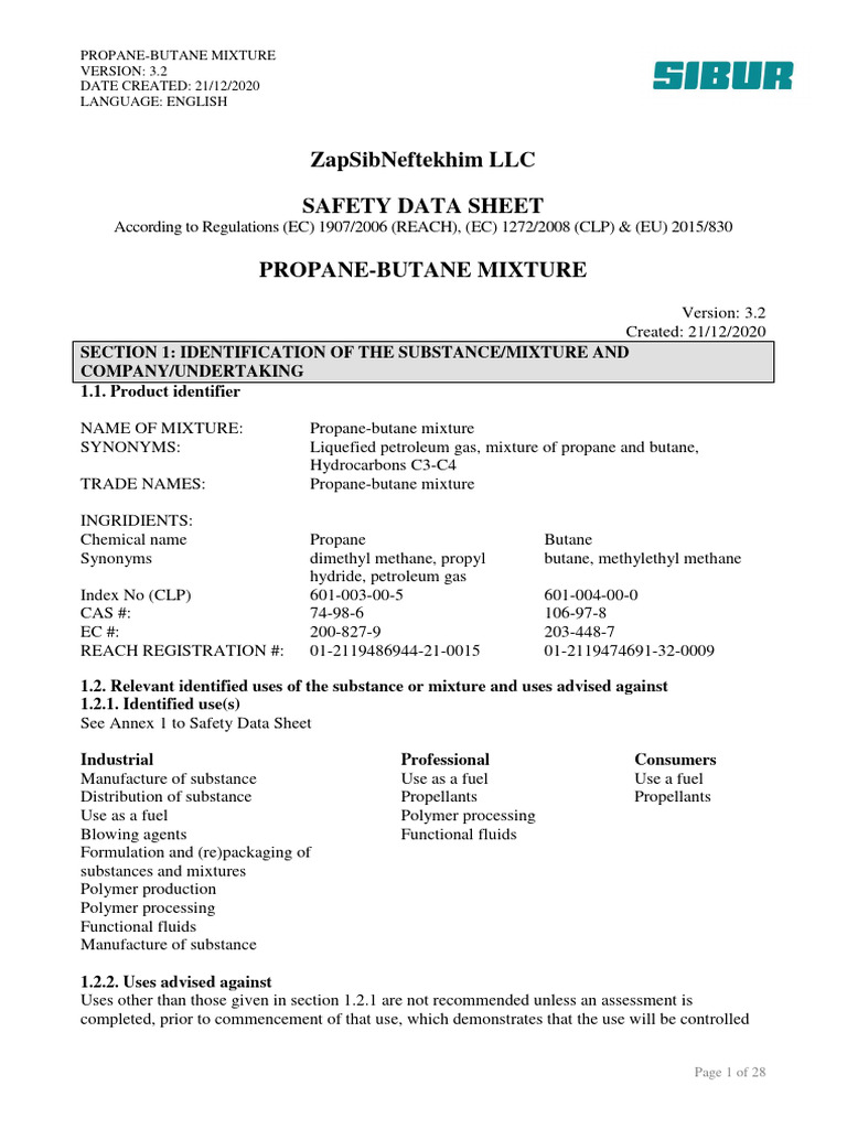 Zapsibneftekhim LLC Safety Data Sheet: Propane-Butane Mixture Date ...