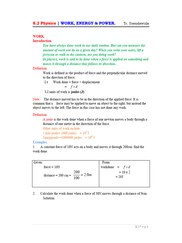 S.2 Physics - Work Energy Power | PDF | Energy Development | Potential Energy