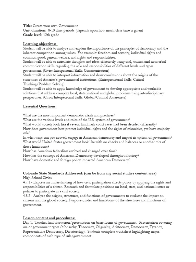 Create Your Own Government Activity Grade 12 | PDF | Government | Democracy
