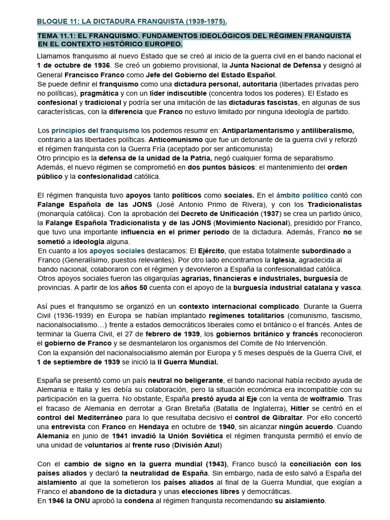 Bloque 11 La Dictadura Franquista (1939-1975) | PDF | España franquista | Francisco franco