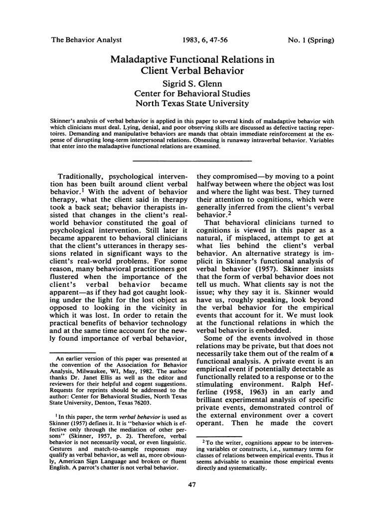 Glenn (1983) - Maladaptive Functional Relations in Client Verbal Behavior | PDF | Reinforcement ...