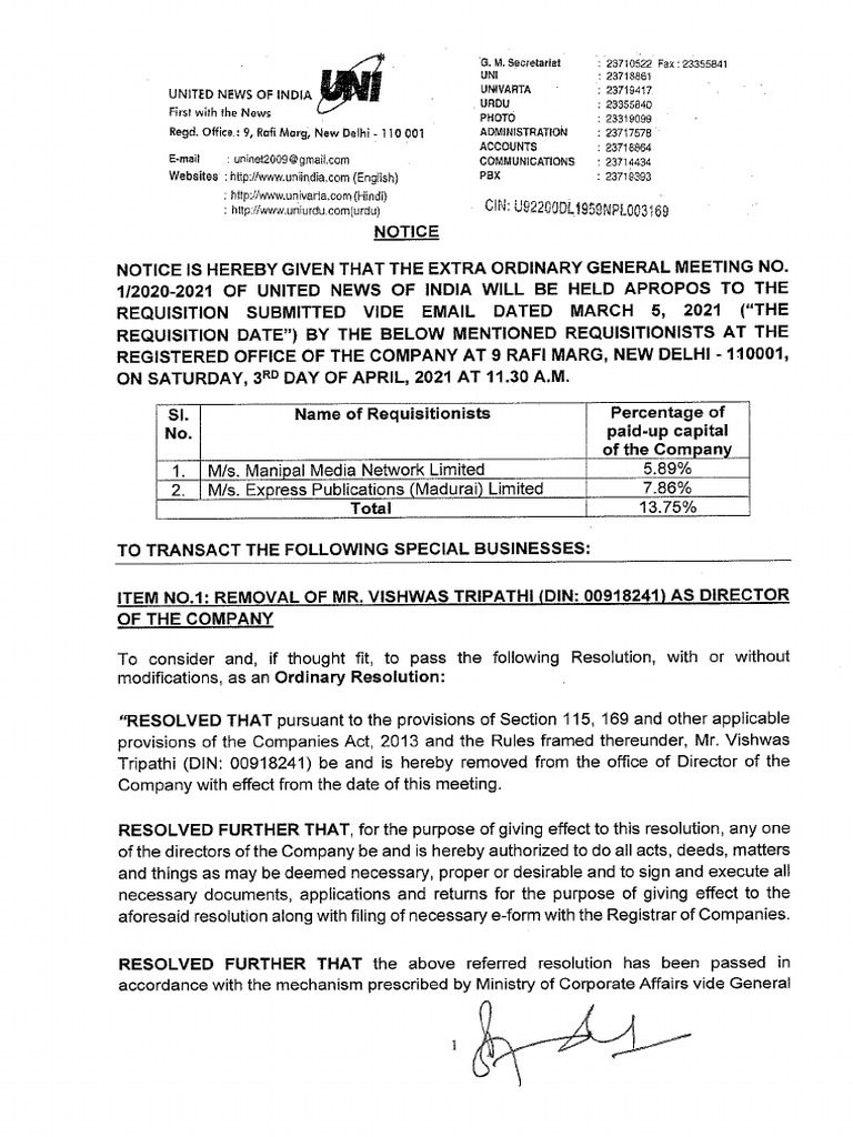 EGM Notice - UNI - 01 | PDF