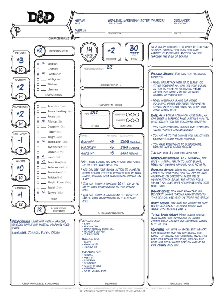 DD 5e Barbarian 3 Totem Warrior Human Outlander | PDF
