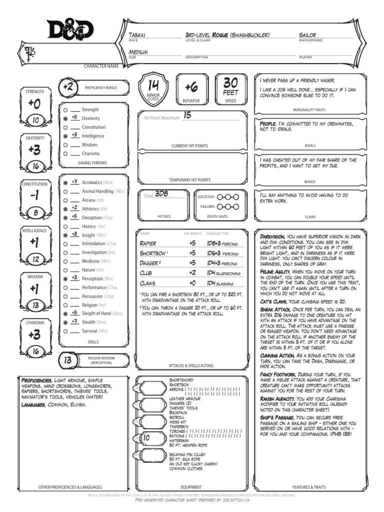 DD 5e Rogue 3 Swashbuckler Tabaxi Sailor | PDF