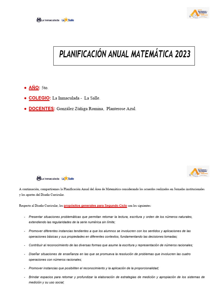 Planificación Anual - Matemática 5to | PDF | División (Matemáticas ...