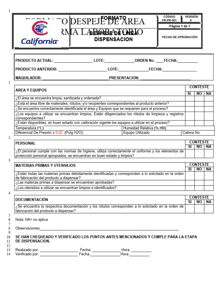 Formato Despeje de Linea en Dispensacion FR-PR-001 | PDF