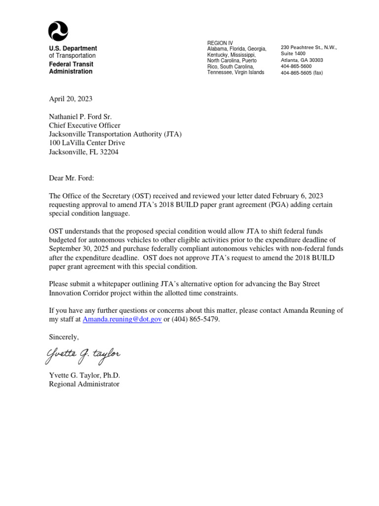 FTA Response Letter To JTA Whitepaper-Final (Signed) | PDF FTA Response Letter To JTA Whitepaper-Final (Signed) | PDF