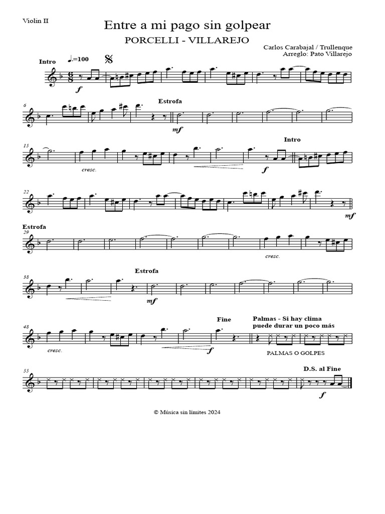 Violín 2 - Entre A Mi Pago Sin Golpear, Arr. Porcelli - Carabajal-Villarejo | PDF