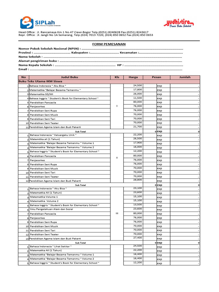 Form Pemesanan Buku Sekolah | PDF