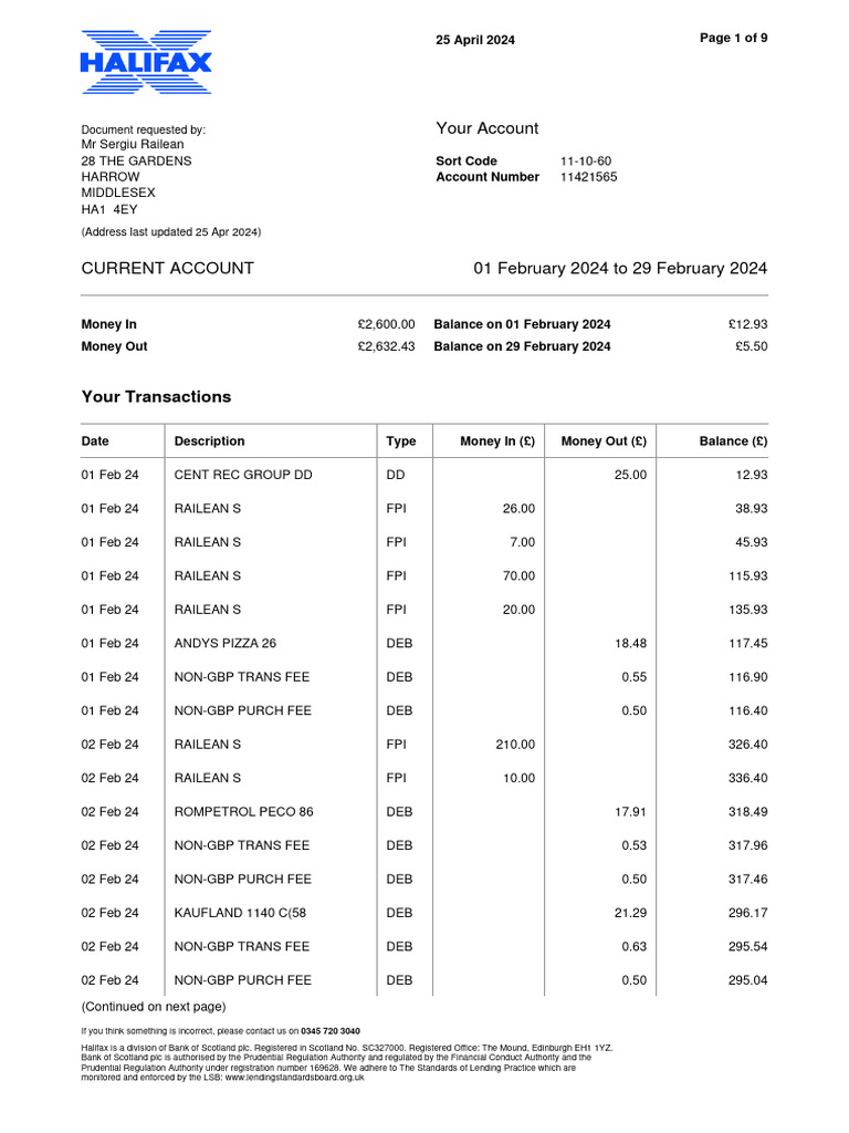 Halifax Current Account Statement | PDF | Banks | Transaction Account