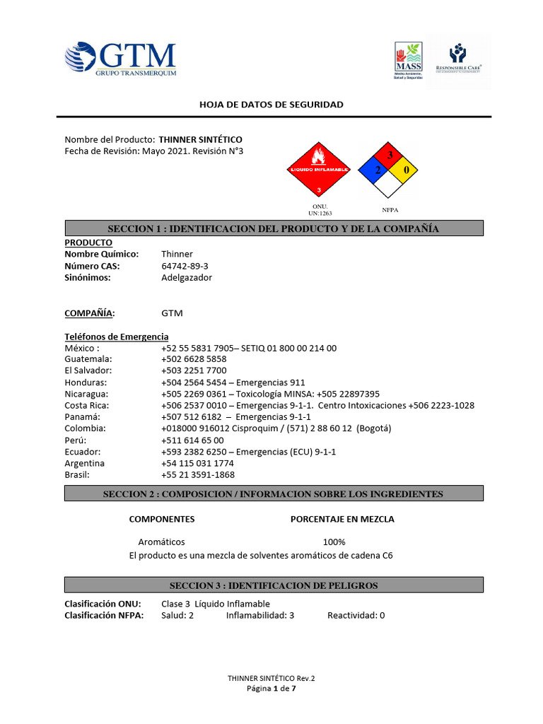 Hoja de Seguridad Thinner Sintético | PDF | Agua | Incendios