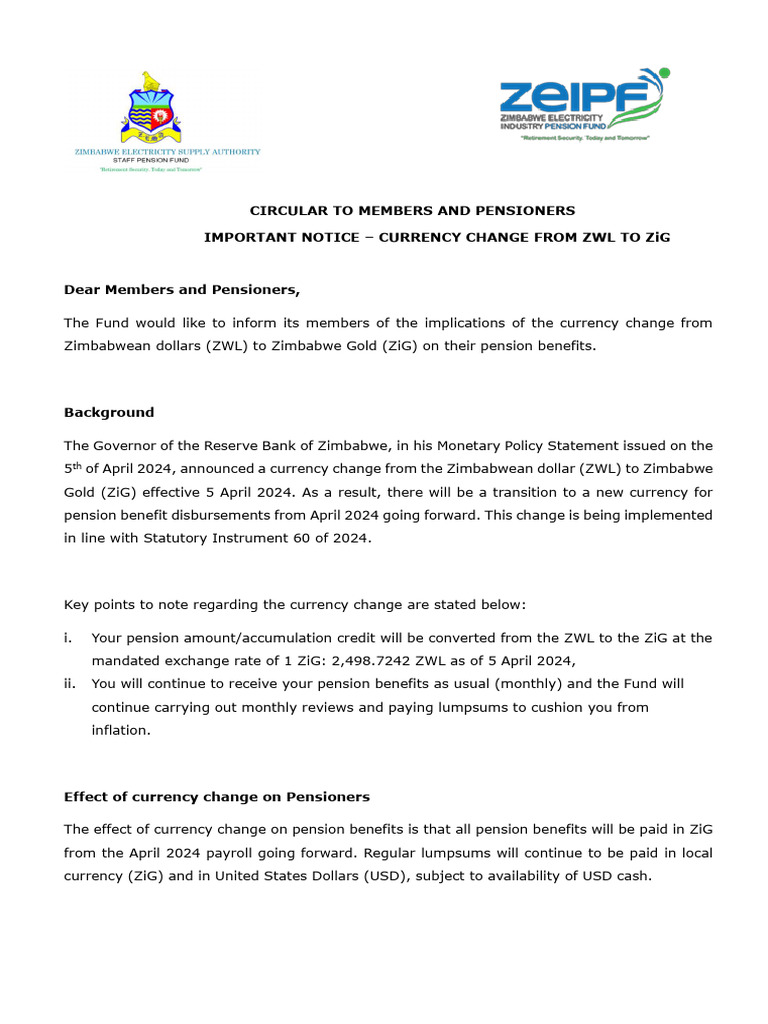 Currency Change: ZWL to ZiG Impact | PDF | United States Dollar | Pension