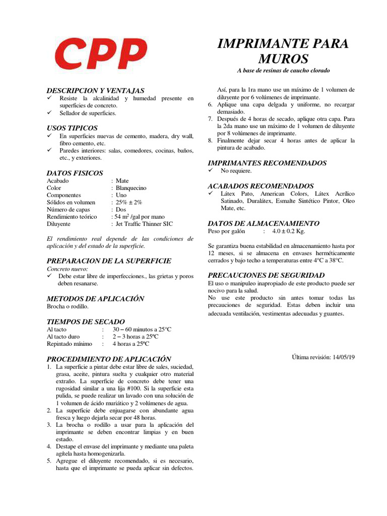 Pinturas CPP Bases Imprimante para Muros Ficha Tecnica | PDF | Pintar | Materiales