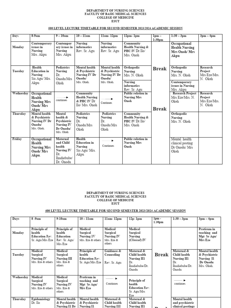 2023-2024 Second Semester Time Table-2 | PDF | Nursing | Medicine