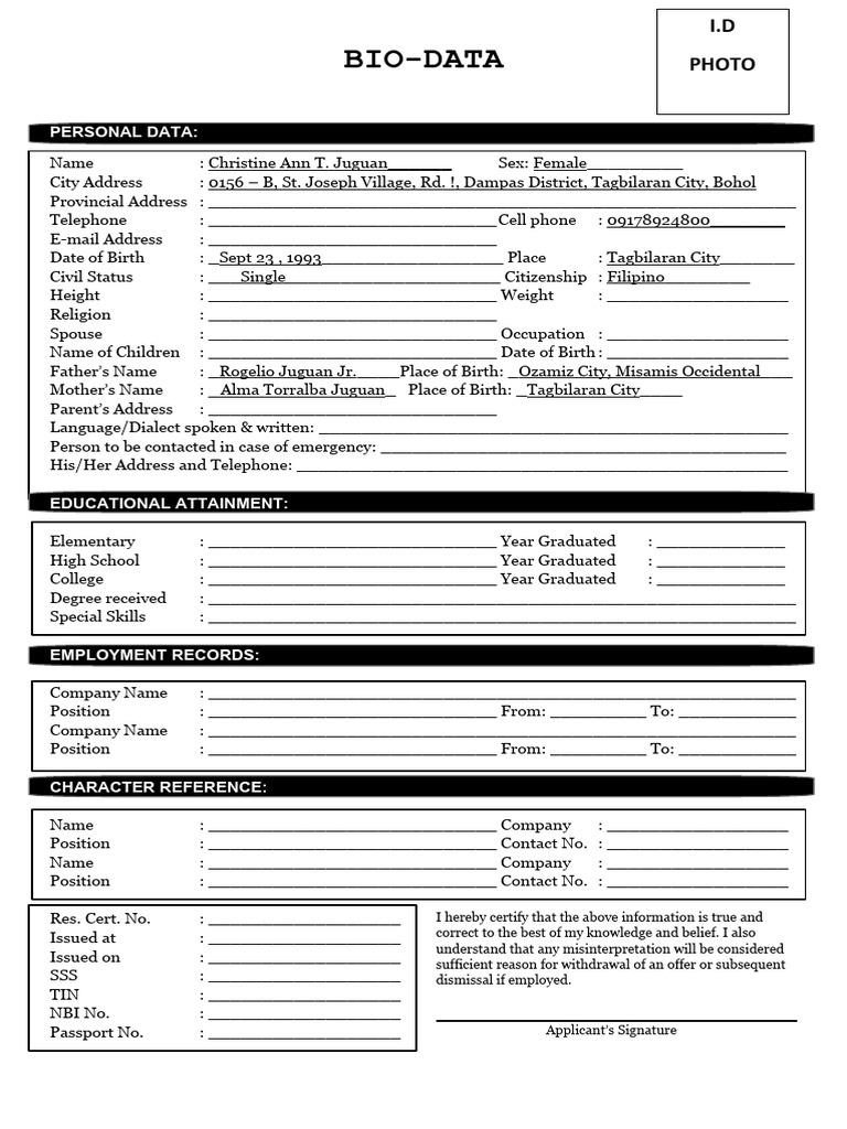 Bio Data Form | PDF | Government And Personhood